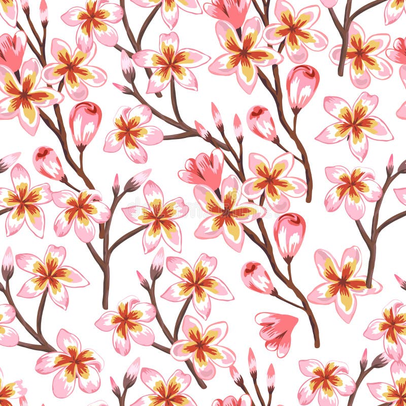 Hand Drawn Seamless Pattern with Blooming Sakura Branches. Stock Vector ...