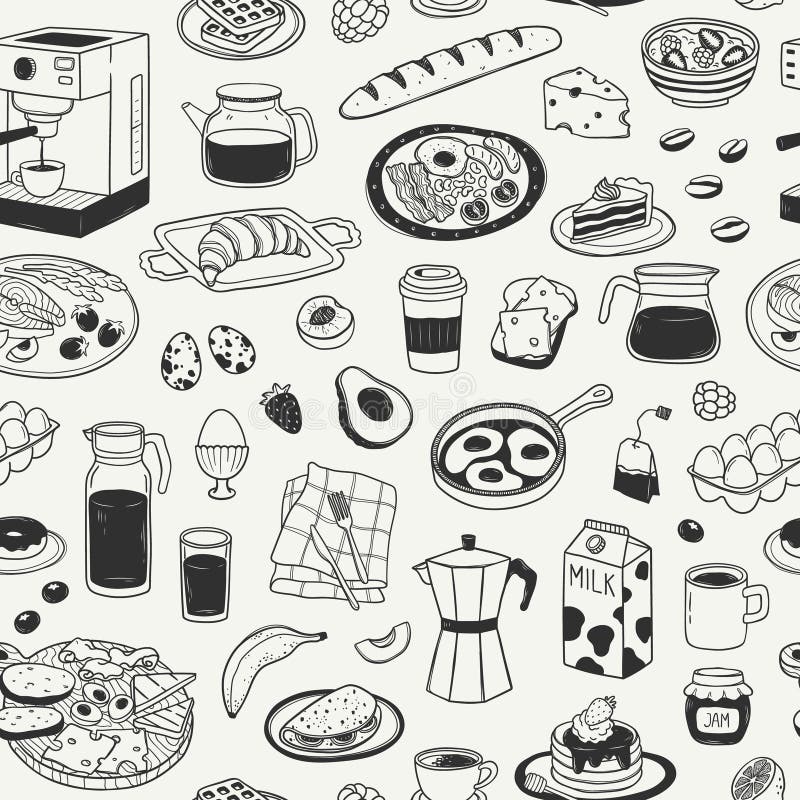 Hand Drawn Seamless Pattern of Breakfast or Brunch Stock Illustration - Illustration of modern ...