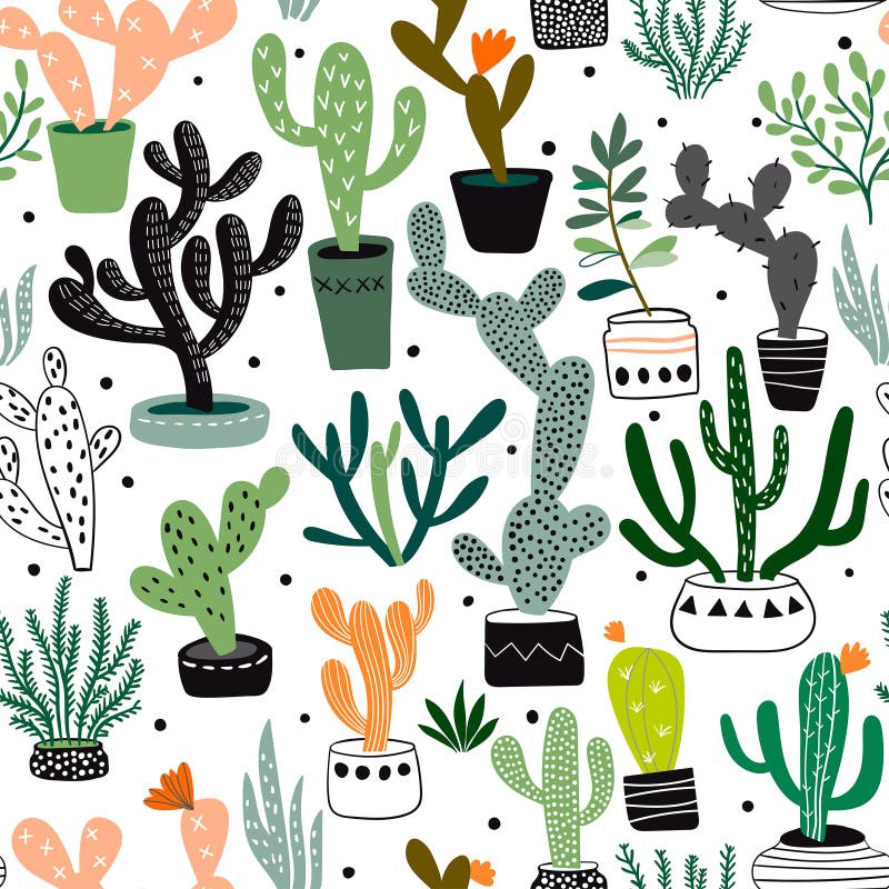 Hand Drawn Seamless Pattern with Cacti and Succulents,vector Design ...