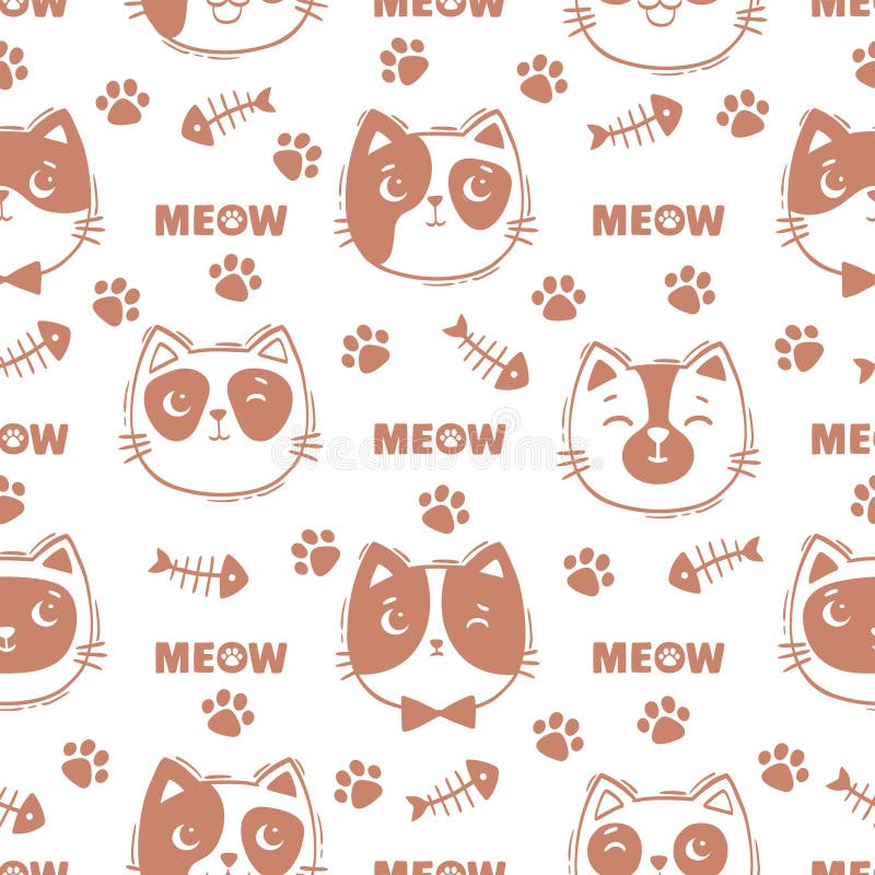 Hand Drawn Seamless Pattern Cat Face Portrait. Cute Children Seamless Pattern Stock Vector ...