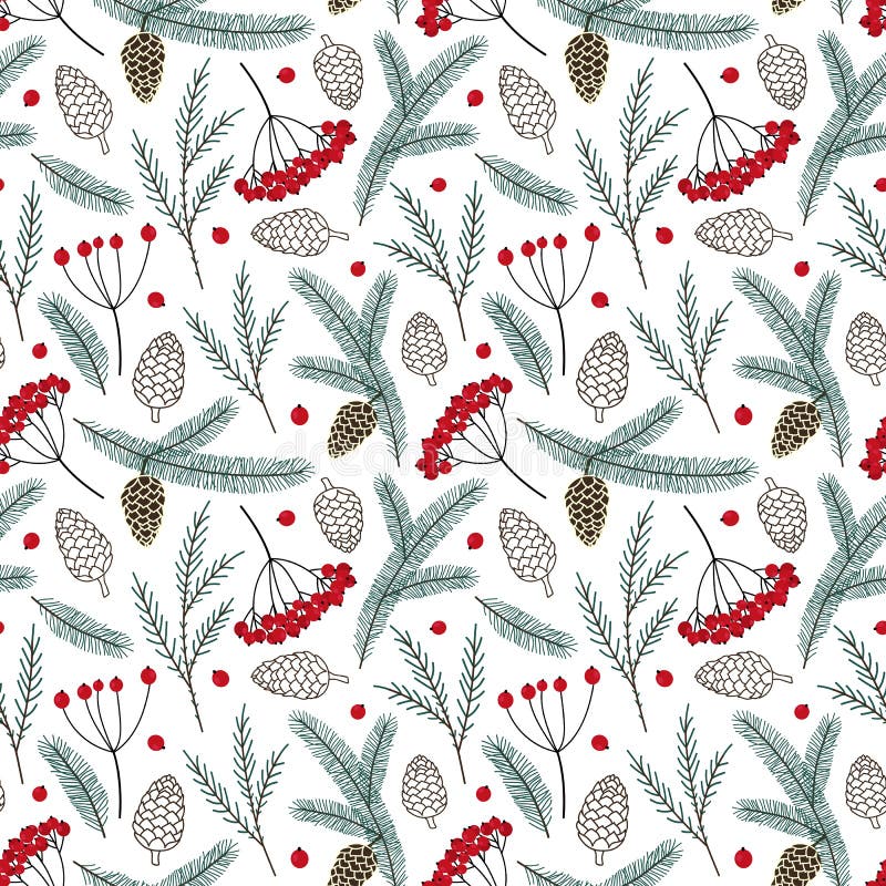 Hand Drawn Seamless Pattern of Christmas Tree Branches, Berries, Pine ...