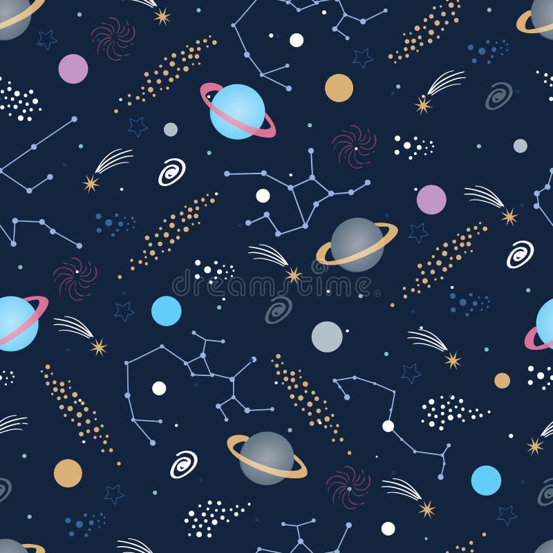 Hand Drawn Seamless Pattern Constellations, Planet and Star Sky. Stock ...