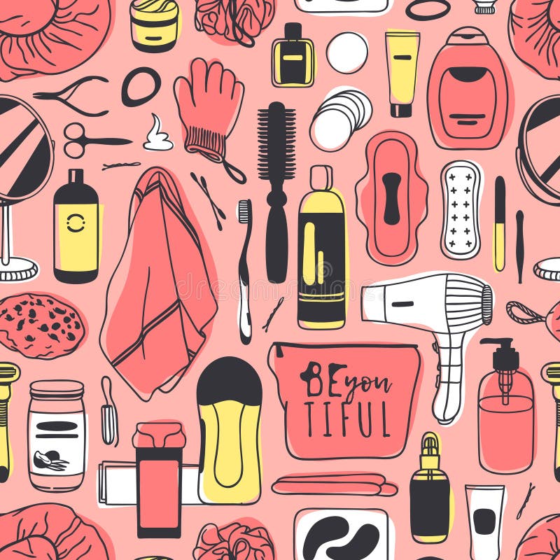 Hand Drawn Seamless Pattern with Cosmetics. Vector Illustration Stock Illustration ...
