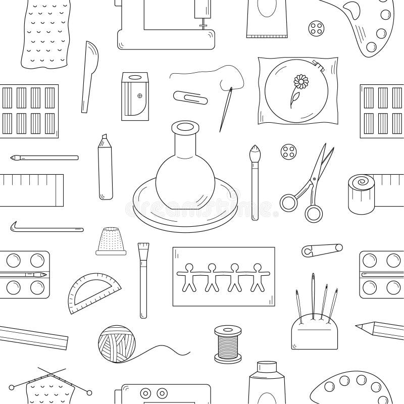 Hand Drawn Seamless Pattern with Crafting Elements. Tools for Sewing ...