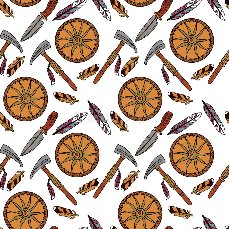 Hand Drawn Seamless Pattern with Cultural Native Indians Attributte ...