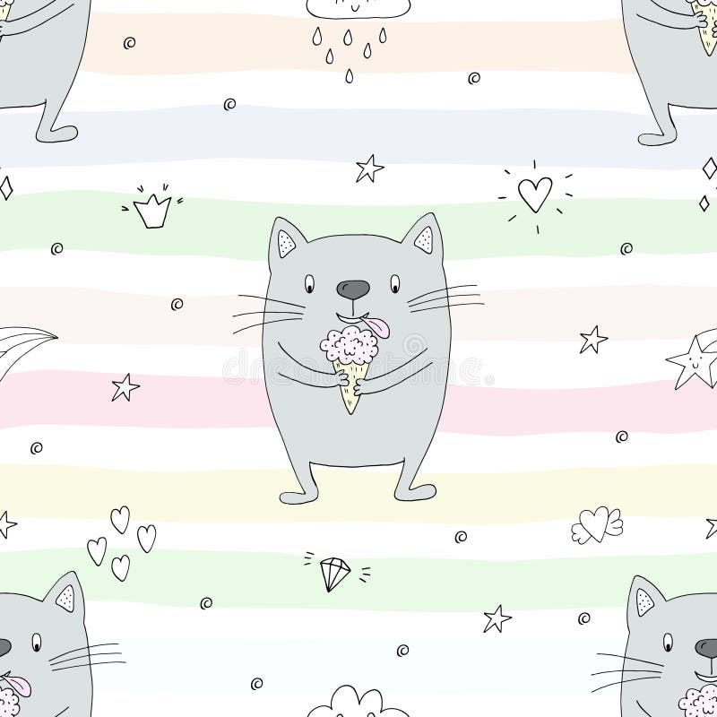 Hand Drawn Seamless Pattern with Cute Cat, Doodle Illustration for Kids ...