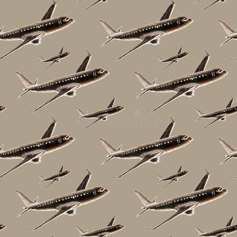 Hand Drawn Seamless Pattern of Dark Brown Airplane in Flight in Color ...