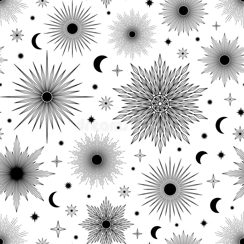 Hand Drawn Seamless Pattern of Different Sun, Moon, Sunburst, Stars ...