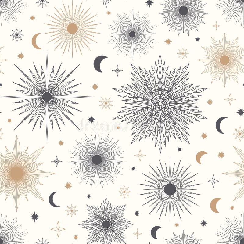 Hand Drawn Seamless Pattern of Different Sun, Moon, Sunburst, Stars ...