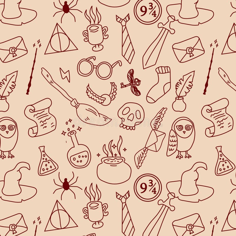 Hand Drawn Seamless Pattern Doodle Magic Things from a Wizard Schoo ...