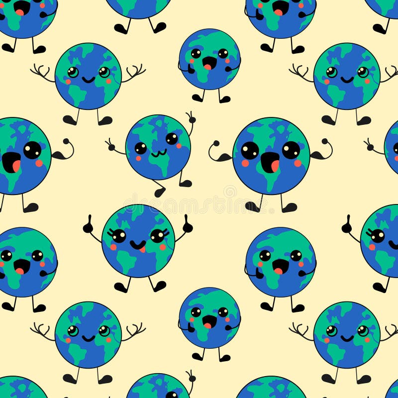 Hand Drawn Seamless Pattern with Earth Kawaii Mascot. Cute Character ...