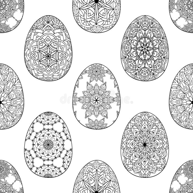 Hand Drawn Seamless Pattern of Easter Eggs with Patterns, Mandala ...