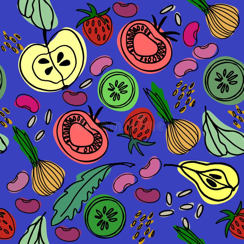 Hand Drawn Seamless Pattern with Fruit and Vegetables for Surface ...