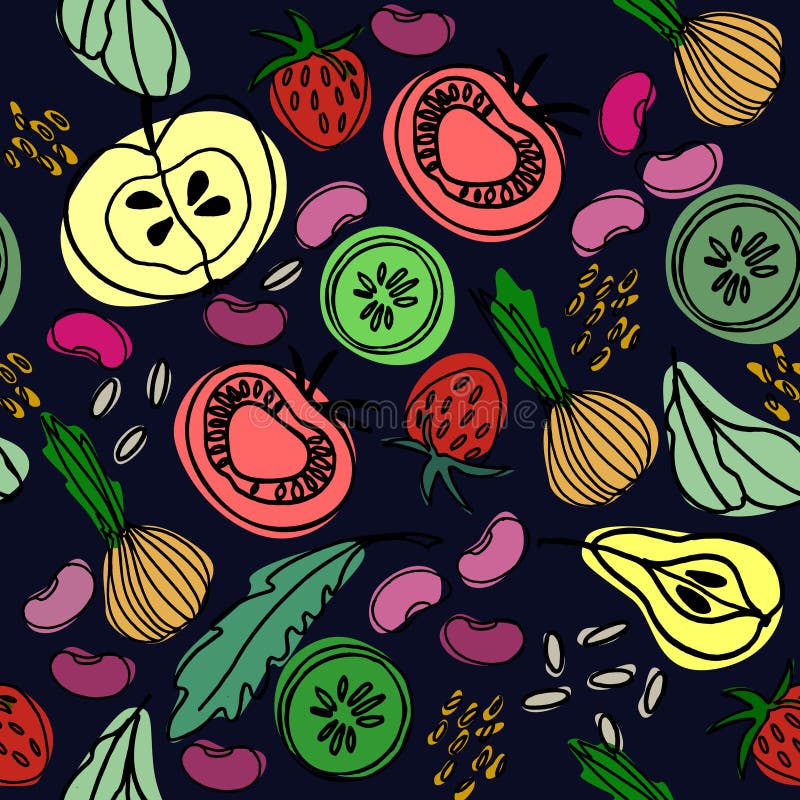 Hand Drawn Seamless Pattern with Fruit and Vegetables for Surface ...
