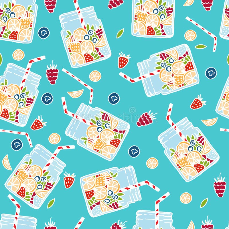 Hand Drawn Seamless Pattern with Fruit Water in Mason Jar Stock Vector ...