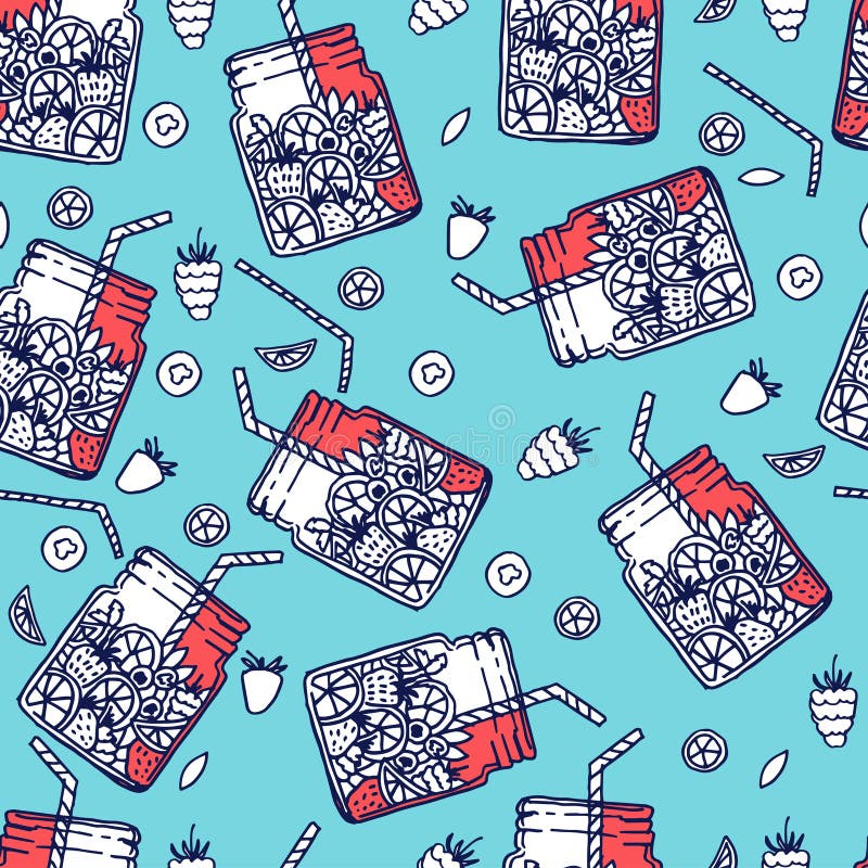 Hand Drawn Seamless Pattern with Fruit Water in Mason Jar Stock Vector ...