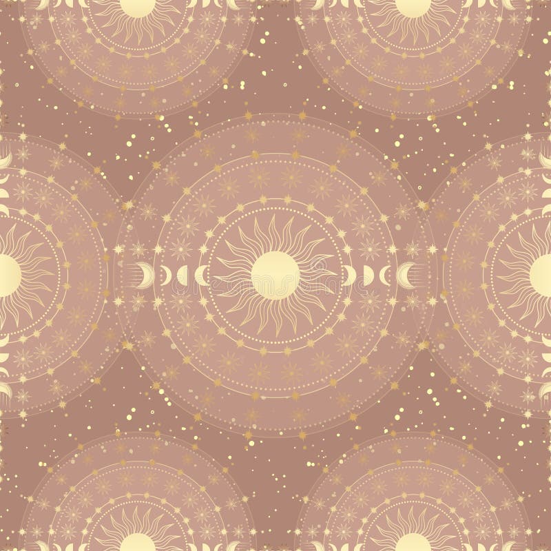 Hand Drawn Seamless Pattern of Golden Sun, Moon, Stars. Mystical ...