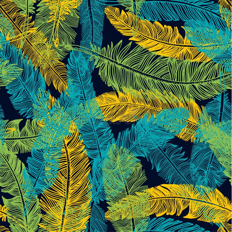 Hand Drawn Seamless Pattern of Feathers. Color of Brazil Flag. Stock ...