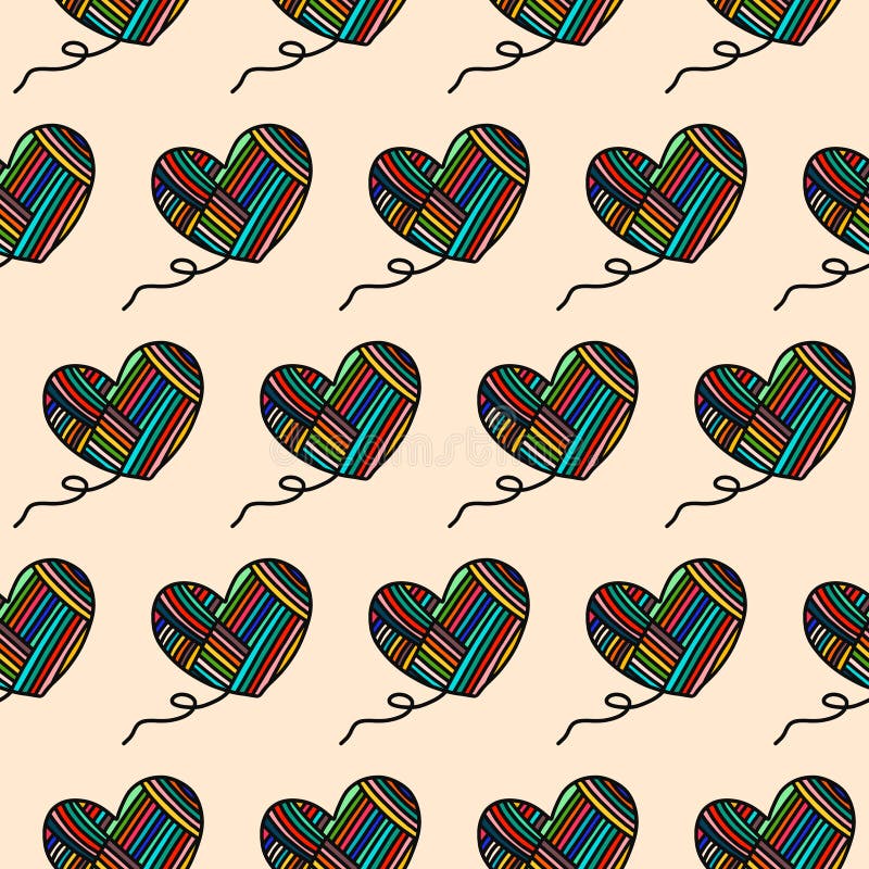 Hand Drawn Seamless Pattern of Hearts Wool Yarn Colored Rainbow for ...