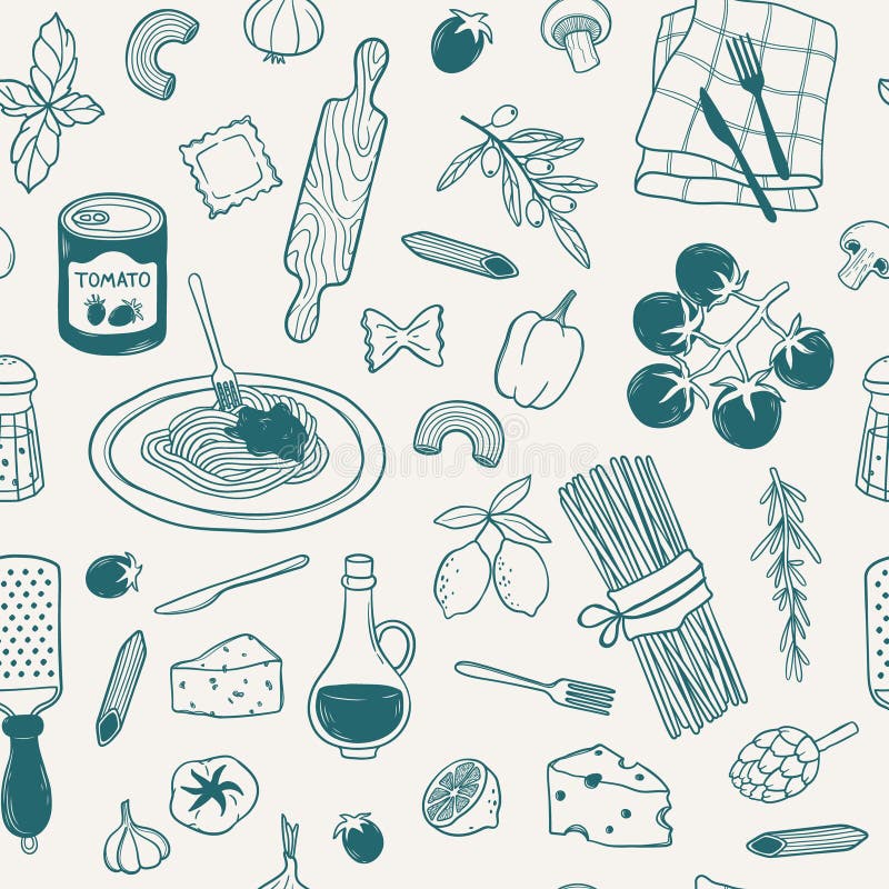 Hand Drawn Seamless Pattern of Italian Pasta Stock Vector ...