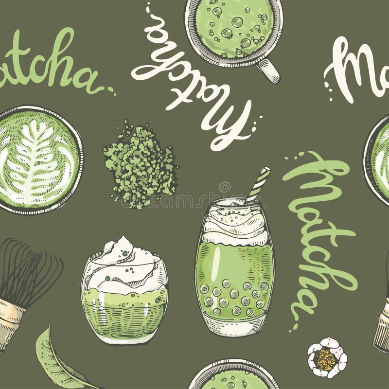 Hand-drawn Seamless Pattern Matcha Cocktails and Desserts. Stock Vector ...