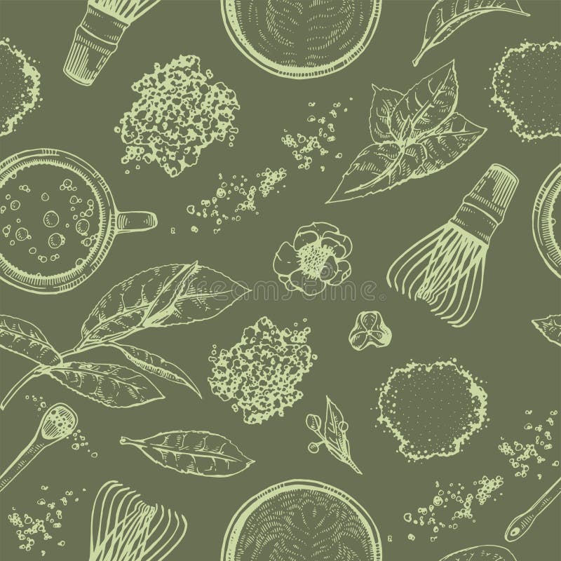 Hand-drawn Seamless Pattern Matcha Tools Drinks and Leaves. Stock ...