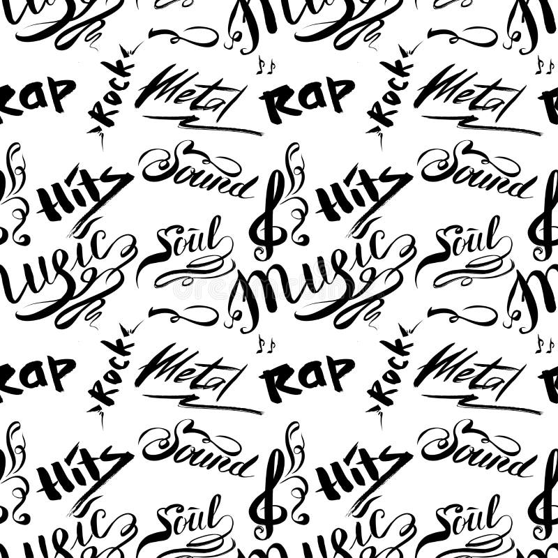 Hand Drawn Seamless Pattern with Music Styles Lettering Signs Stock ...