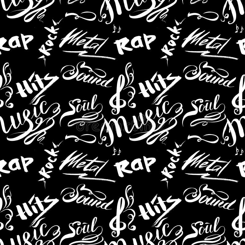 Hand Drawn Seamless Pattern with Music Styles Lettering Signs Stock ...