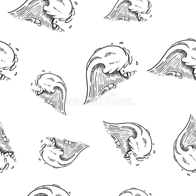 Hand Drawn Seamless Pattern Ocean Wave Doodle. Sketch Style Icon ...