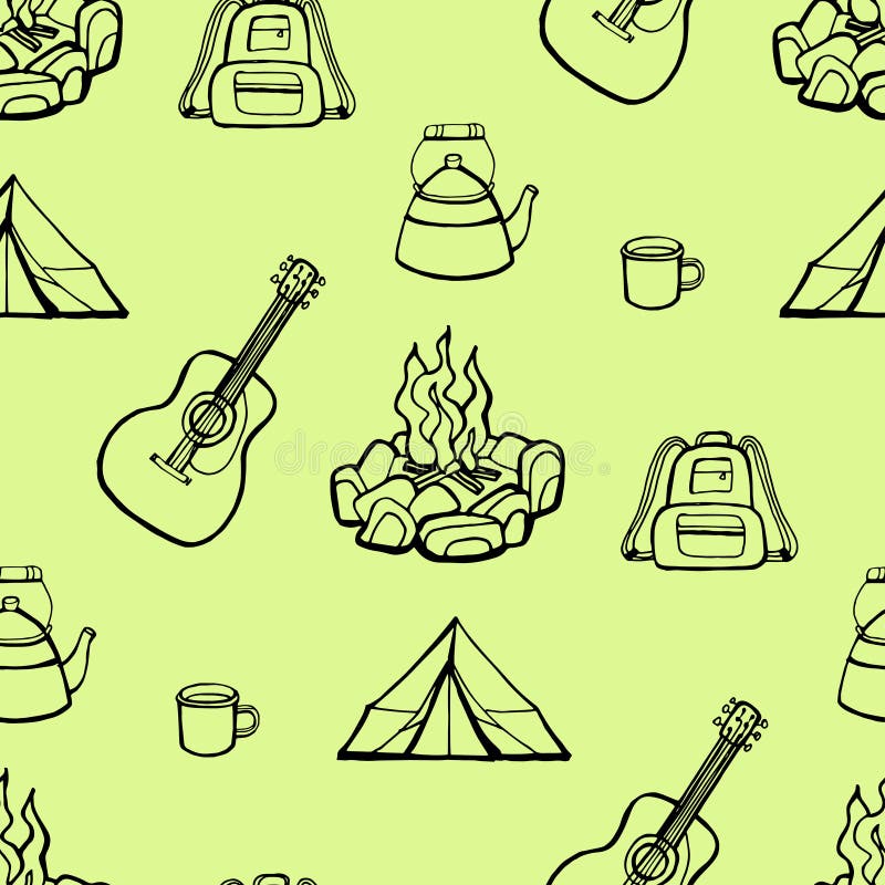 Hand Drawn Seamless Pattern, Picnic, Travel And Camping Theme. Stock ... Hand Drawn Seamless Pattern, Picnic, Travel And Camping Theme. Stock ...