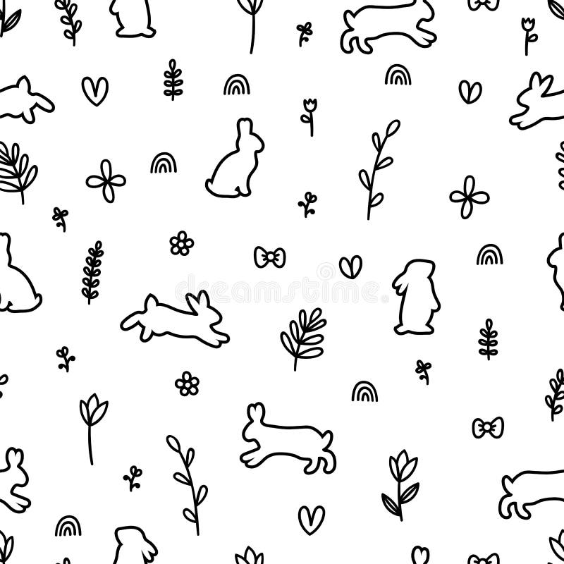 Hand Drawn Seamless Pattern with Rabbits Silhouettes. Hare, Bunny ...