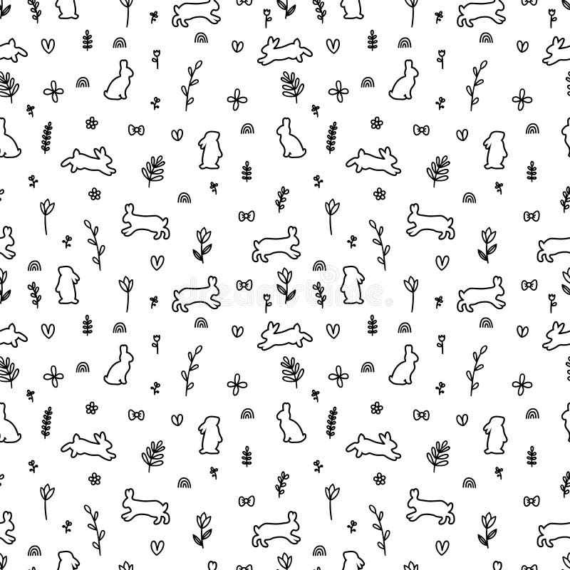 Hand Drawn Seamless Pattern with Rabbits Silhouettes. Hare, Cute Bunny ...