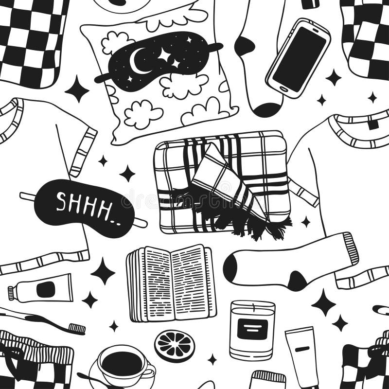 Hand Drawn Seamless Pattern about Sleep Routines.Vector Cozy ...