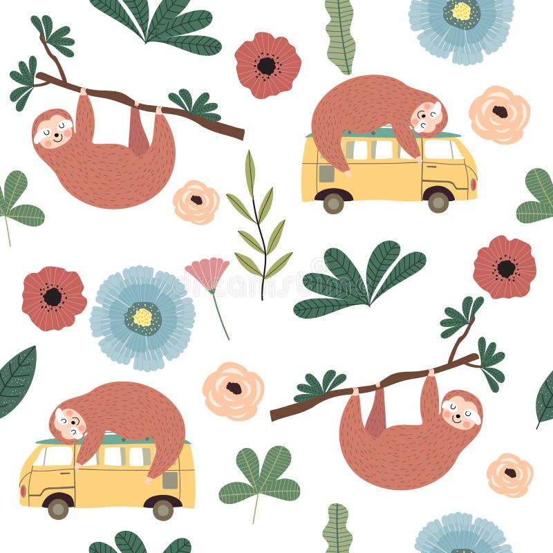 Hand Drawn Seamless Pattern with Sloth,flower and Leaf Stock Vector ...