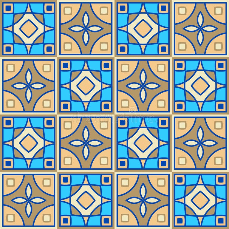 Hand Drawn Seamless Pattern of Square Ceramic Tile. Ornate Patchwork Pattern Design. Typical ...