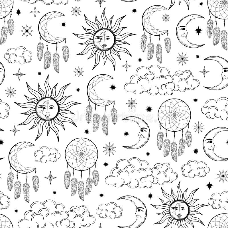 Hand Drawn Seamless Pattern of Sun, Moon, Dreamcatcher, Feather, Star ...