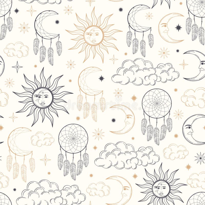 Hand Drawn Seamless Pattern of Sun, Moon, Dreamcatcher, Feather, Star ...