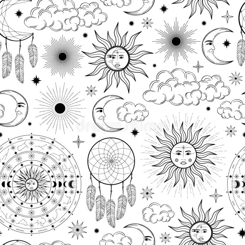 Hand Drawn Seamless Pattern of Sun, Moon, Sunburst, Dreamcatcher ...
