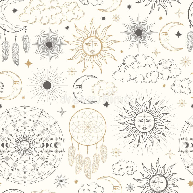 Hand Drawn Seamless Pattern of Sun, Moon, Sunburst, Dreamcatcher ...