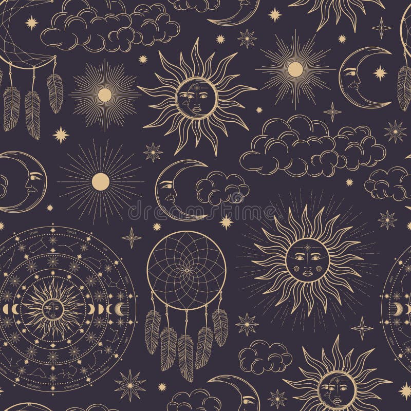 Hand Drawn Seamless Pattern of Sun, Moon, Sunburst, Dreamcatcher ...