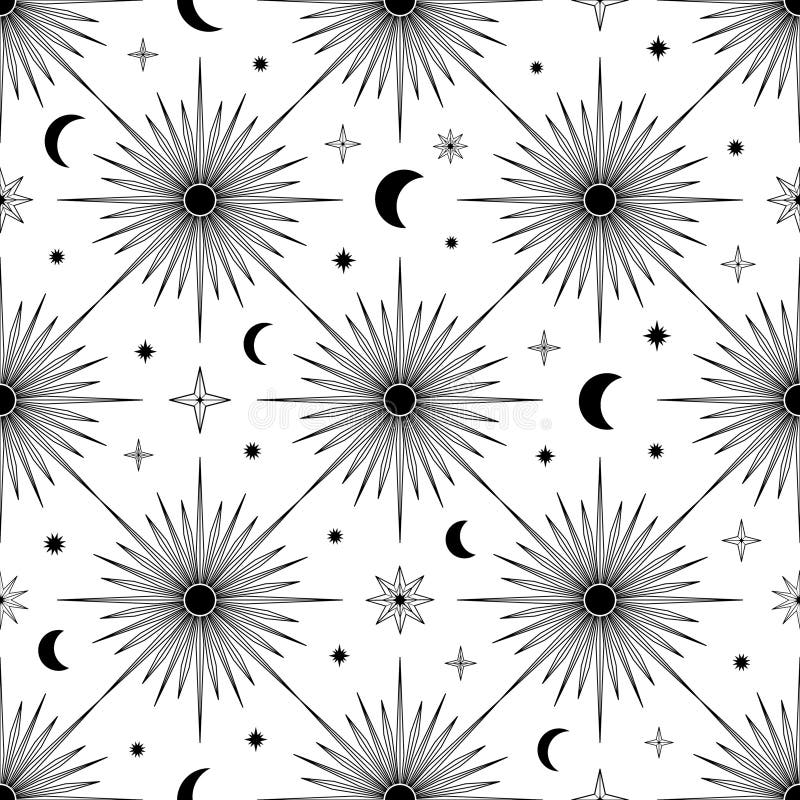 Hand Drawn Seamless Pattern of Sun, Moon, Sunburst, Stars. Mystical ...