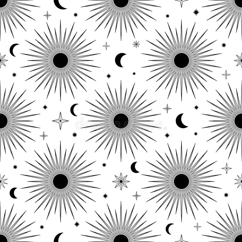 Hand Drawn Seamless Pattern of Sun, Moon, Sunburst, Stars. Mystical ...