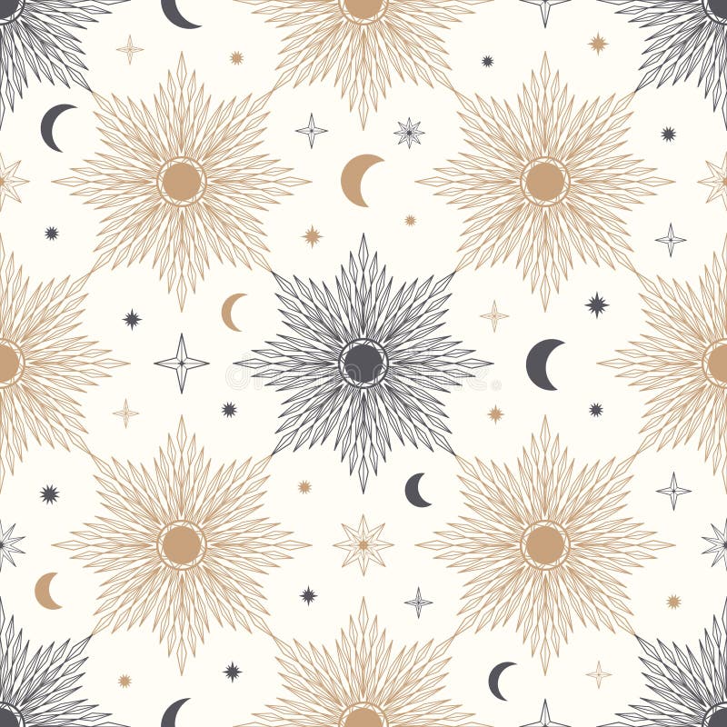 Hand Drawn Seamless Pattern of Sun, Moon, Sunburst, Stars. Mystical ...