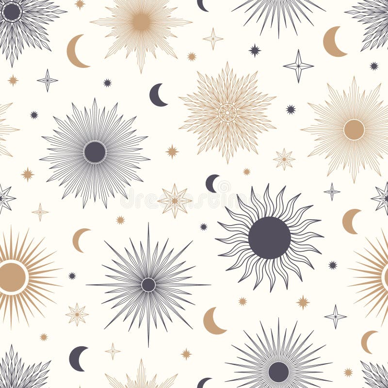 Hand Drawn Seamless Pattern of Sun, Moon, Sunburst, Stars. Mystical ...