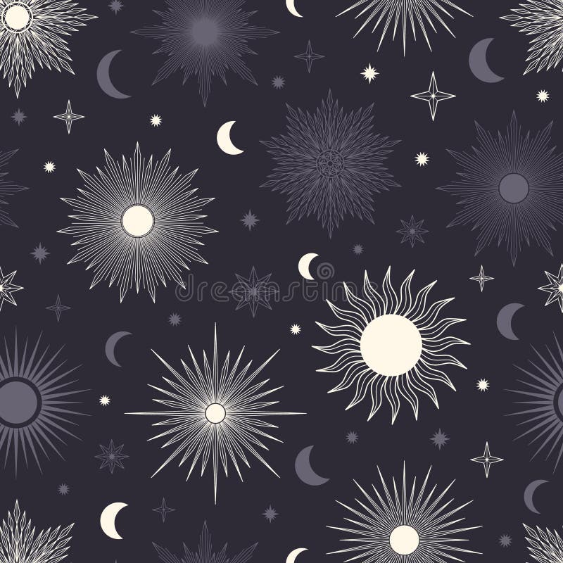 Hand Drawn Seamless Pattern of Sun, Moon, Sunburst, Stars. Mystical ...