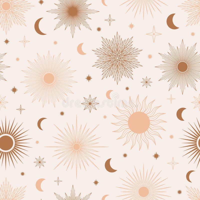 Hand Drawn Seamless Pattern of Sun, Moon, Sunburst, Stars. Mystical ...