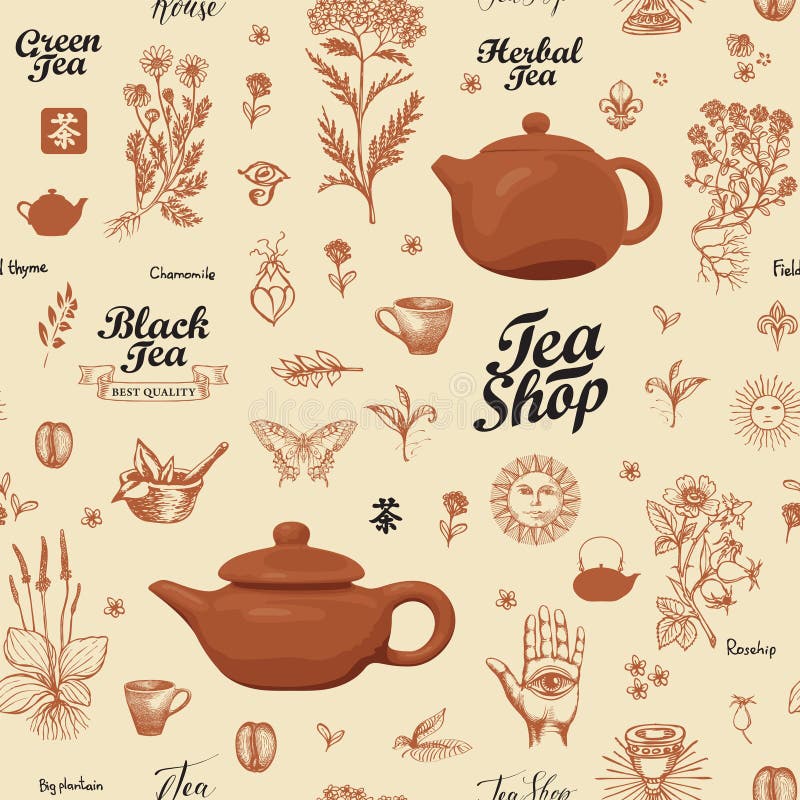 Hand-drawn Seamless Pattern on a Tea Theme Stock Vector - Illustration ...