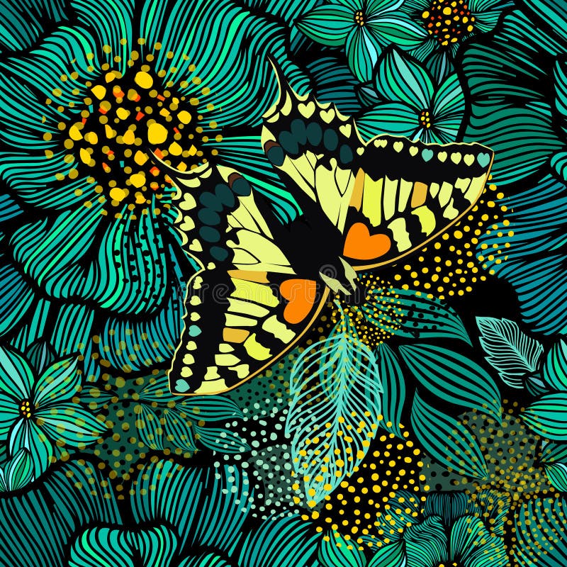 Hand Drawn Seamless Pattern. Turquoise Graphic Flowers with Yellow Butterfly Stock Illustration ...