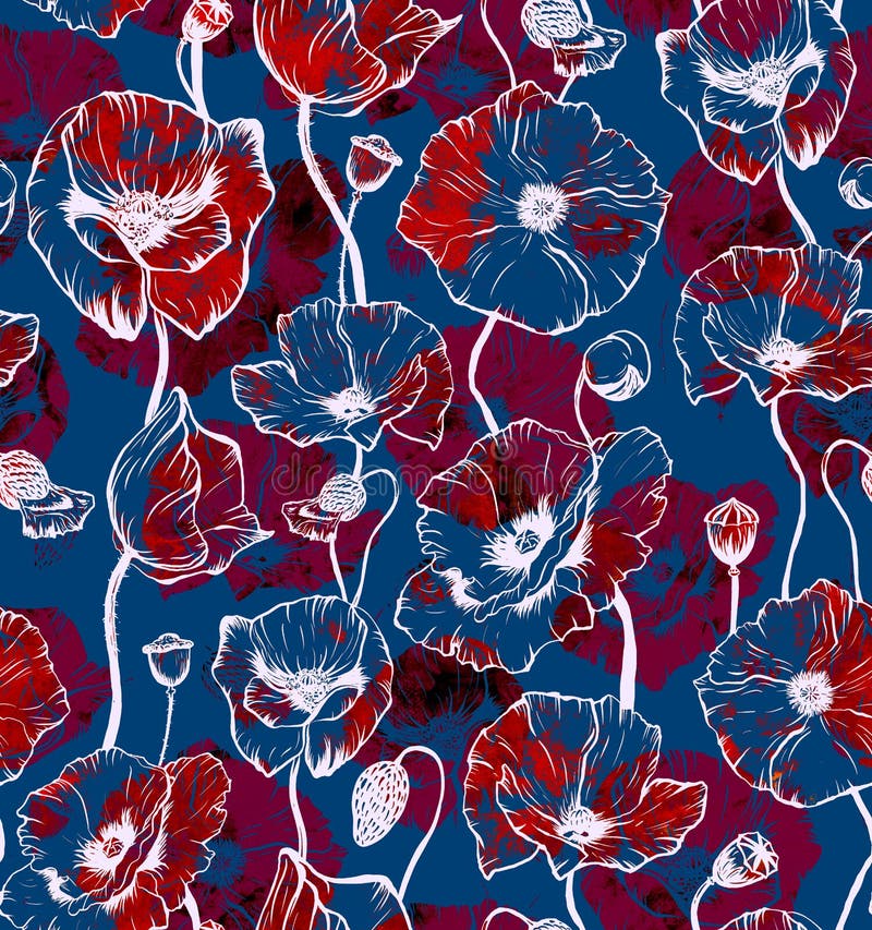 Hand Drawn Seamless Pattern with Vibrant Color Poppy Flower Head Stock ...