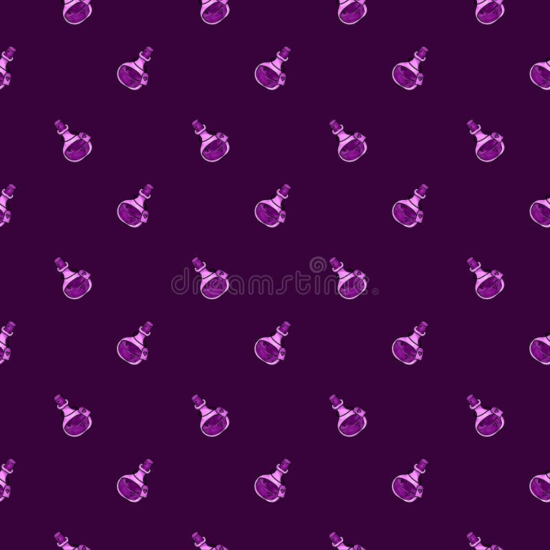 Hand Drawn Seamless Pattern with Witch Potions on Purple Background ...